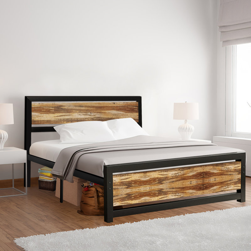 17 Stories Bed Frame with Wooden Headboard and Footboard Industrial Metal Bed Frame with Heavy Duty Steel Reviews Wayfair